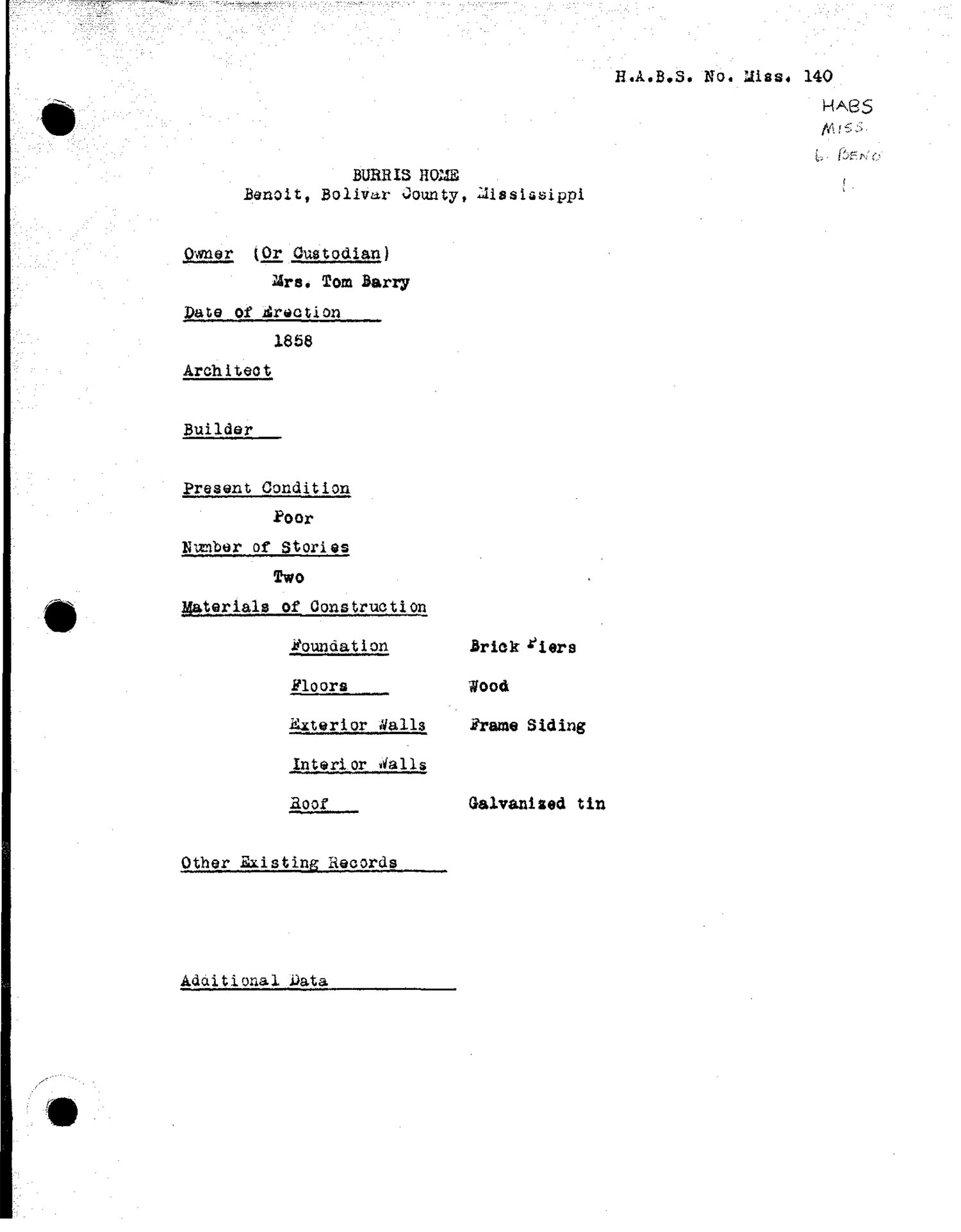 HABS in Mississippi: Burrus House, Benoit – Preservation in Mississippi